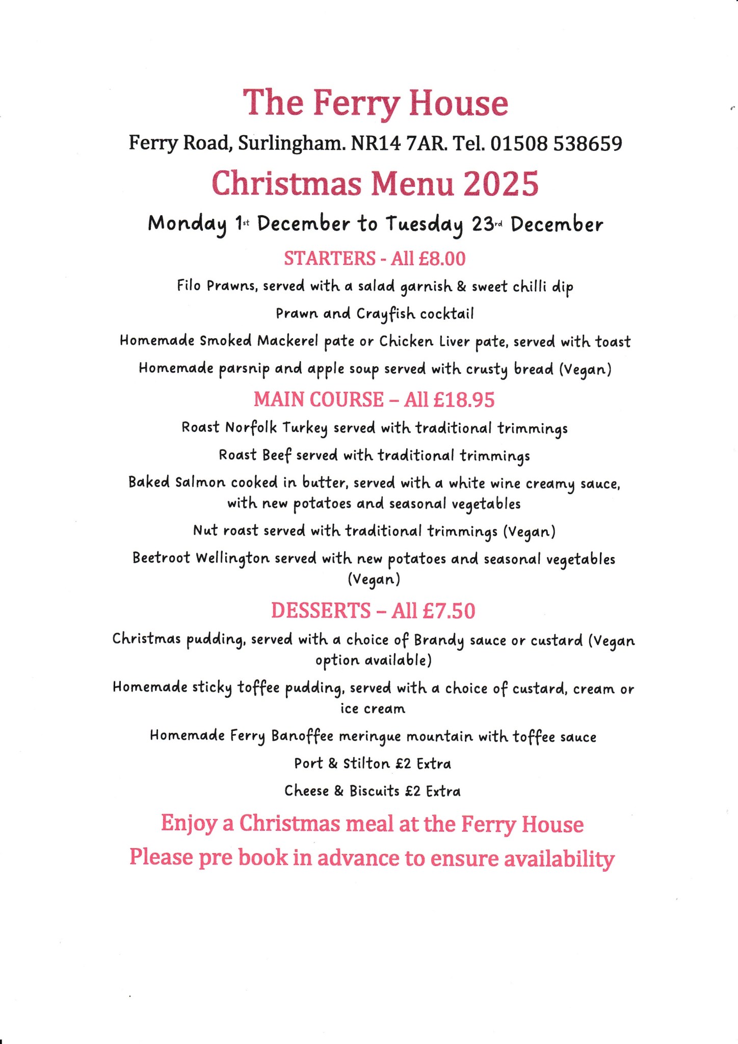 Christmas menu 2025 – Obsolete – Surlingham Ferry House